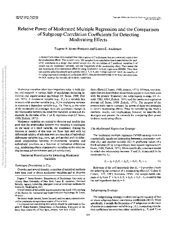 Pdf Relative Power Of Moderated Multiple Regression And The Comparison Of Subgroup Correlation