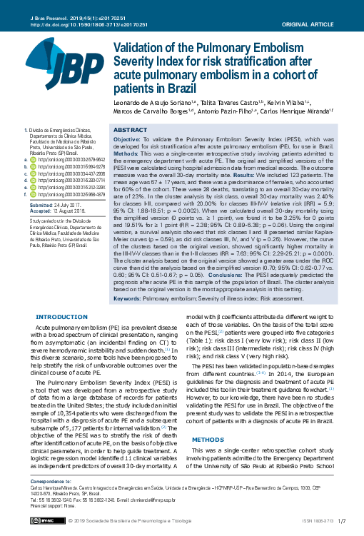 (PDF) Validation of the Pulmonary Embolism Severity Index for risk ...