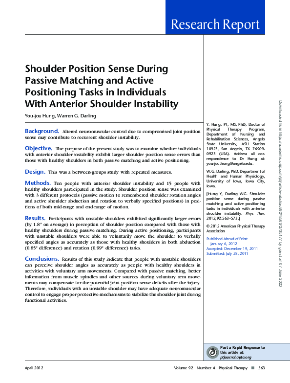 (PDF) Shoulder Position Sense During Passive Matching and Active Positioning Tasks in ...