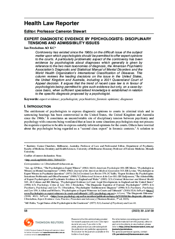 (PDF) Health Law Reporter Editor: Professor Cameron Stewart EXPERT ...