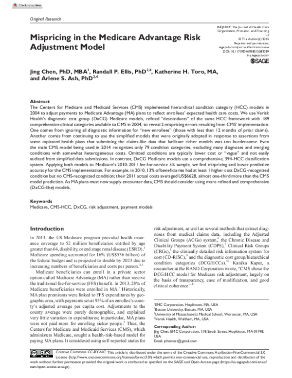 (PDF) Mispricing in the medicare advantage risk adjustment model