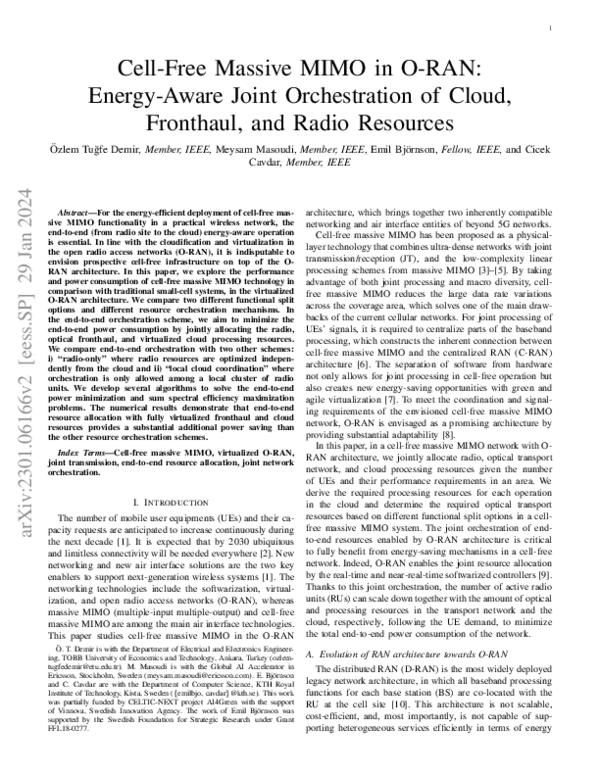 (PDF) Cell-Free Massive MIMO in O-RAN: Energy-Aware Joint Orchestration of Cloud, Fronthaul, and ...