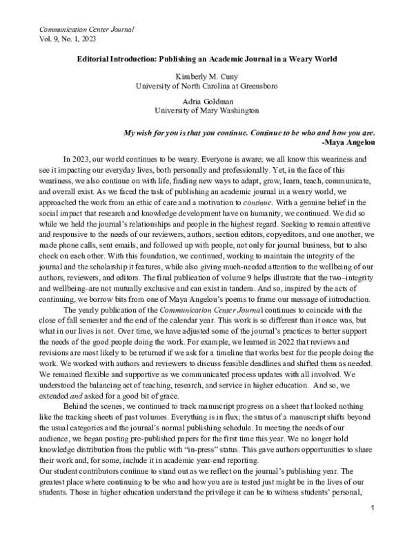 (PDF) Editorial Introduction: Publishing an Academic Journal in a Weary ...