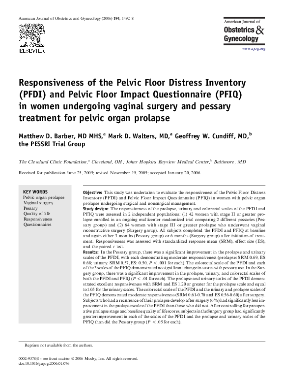 (PDF) Responsiveness of the Pelvic Floor Distress Inventory (PFDI) and ...