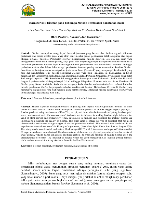 (PDF) Karakteristik Biochar Pada Beberapa Metode Pembuatan dan Bahan Baku
