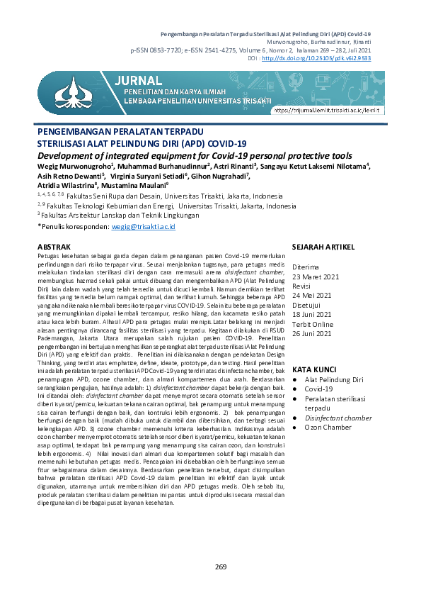 (PDF) Pengembangan Peralatan Terpadu Sterilisasi Alat Pelindung Diri (Apd) COVID-19