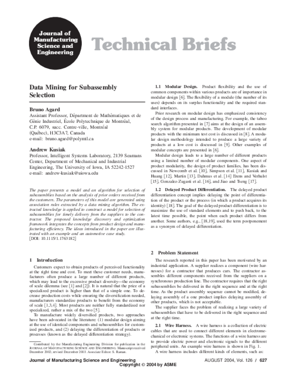 (PDF) Technical Briefs Data Mining for Subassembly Selection | Andrew Kusiak - Academia.edu