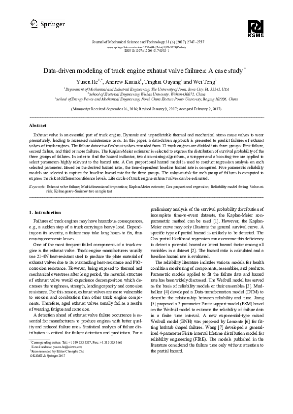 (PDF) Data-driven modeling of truck engine exhaust valve failures: A case study