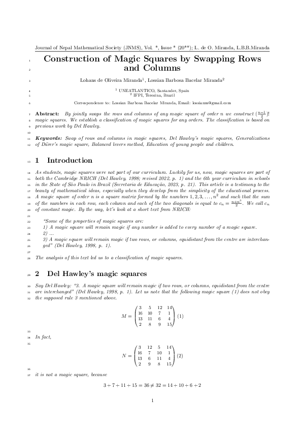 (PDF) Construction of Magic Squares by Swapping Rows and Columns