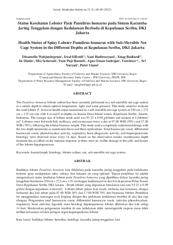 (PDF) Health Status of Spiny Lobster Panulirus homarus with Sub ...