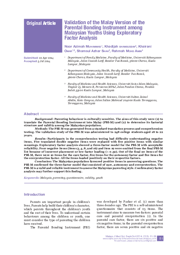 (PDF) Validation of the Malay Version of the Parental Bonding Instrument among Malaysian Youths ...