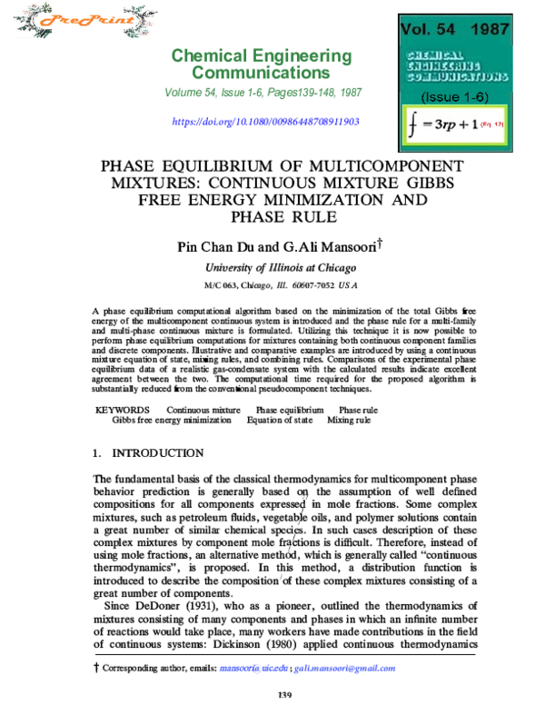 (PDF) PHASE EQUILIBRIUM OF MULTICOMPONENT MIXTURES: CONTINUOUS MIXTURE GIBBS FREE ENERGY ...
