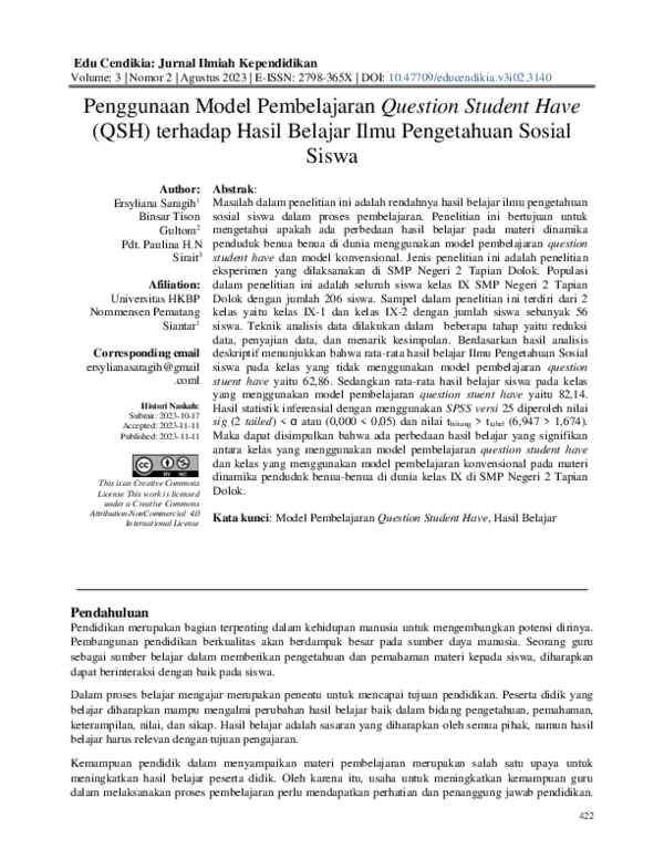 (PDF) Penggunaan Model Pembelajaran Question Student Have (QSH) terhadap Hasil Belajar Ilmu ...