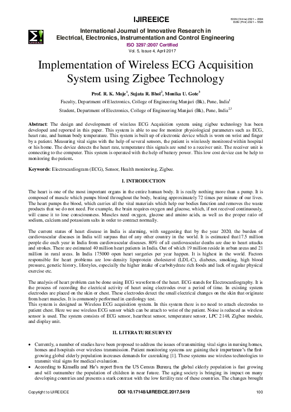 (PDF) Implementation of Wireless ECG Acquisition System using Zigbee Technology | Ravindra Moje ...