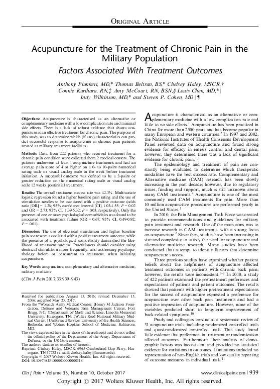 (PDF) Acupuncture for the Treatment of Chronic Pain in the Military ...