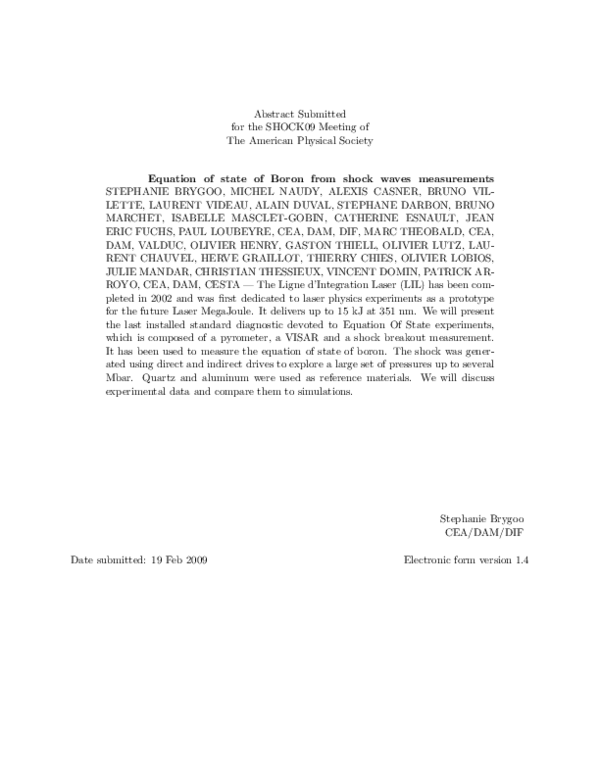 (PDF) Equation of state of Boron from shock waves measurements