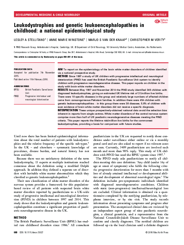 (PDF) Leukodystrophies and Genetic Leukoencephalopathies in Children ...