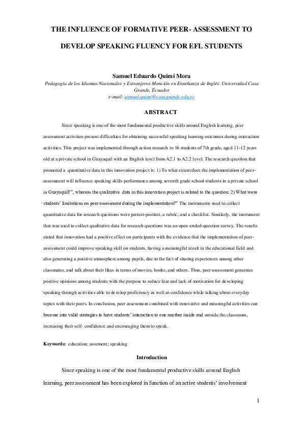 (PDF) THE INFLUENCE OF FORMATIVE PEER-ASSESSMENT TO DEVELOP SPEAKING FLUENCY FOR EFL STUDENTS