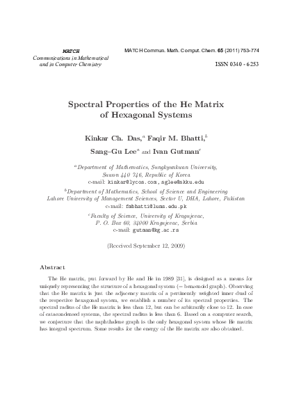 (PDF) Spectral Properties of the He Matrix of Hexagonal Systems