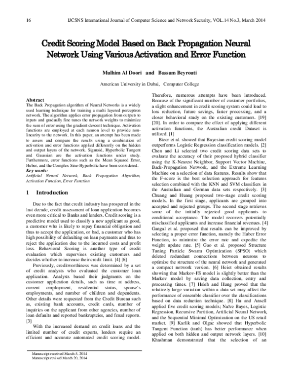 (PDF) Credit Scoring Model Based on Back Propagation Neural Network Using Various Activation and ...