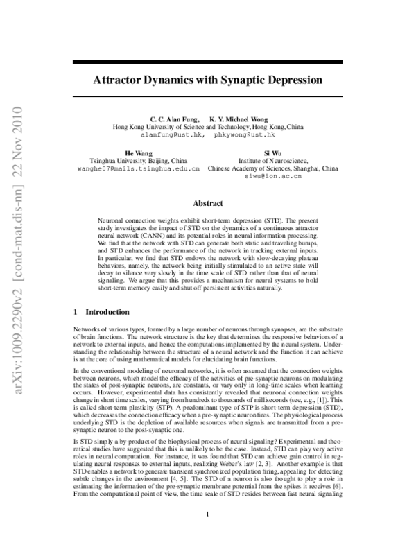 (PDF) Attractor Dynamics with Synaptic Depression | Michael Wong - Academia.edu