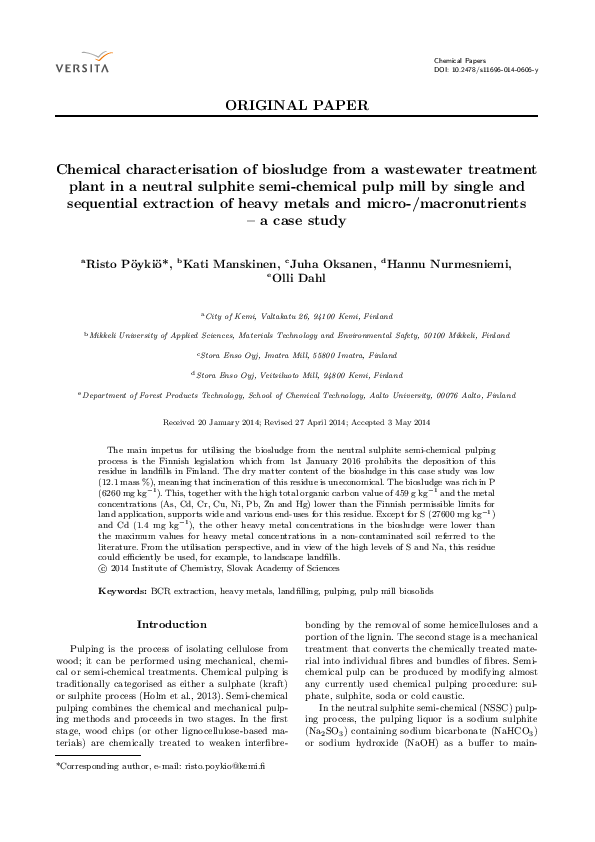 (PDF) Chemical characterisation of biosludge from a wastewater ...