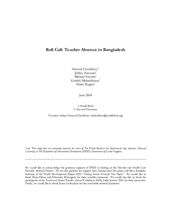 (PDF) Roll call: Teacher absence in Bangladesh