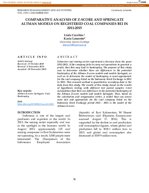 (PDF) Comparative Analysis of Z-Score and Springate Altman Models on ...