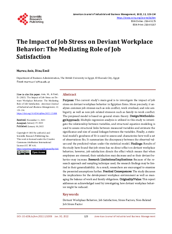 (PDF) The Impact of Job Stress on Deviant Workplace Behavior: The Mediating Role of Job Satisfaction