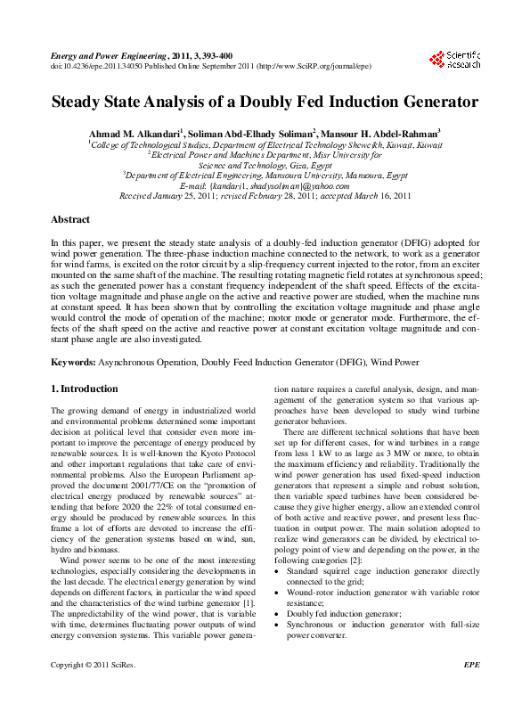 Pdf Steady State Analysis Of A Doubly Fed Induction Generator