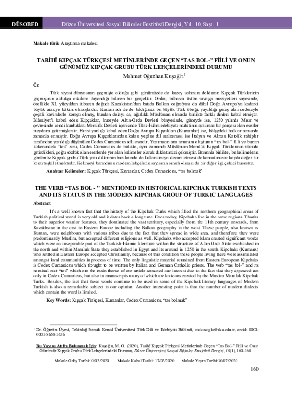 (PDF) Tari̇hî Kipçak Türkçesi̇ Meti̇nleri̇nde Geçen “Tas Bol-” Fi̇i̇li̇ ...