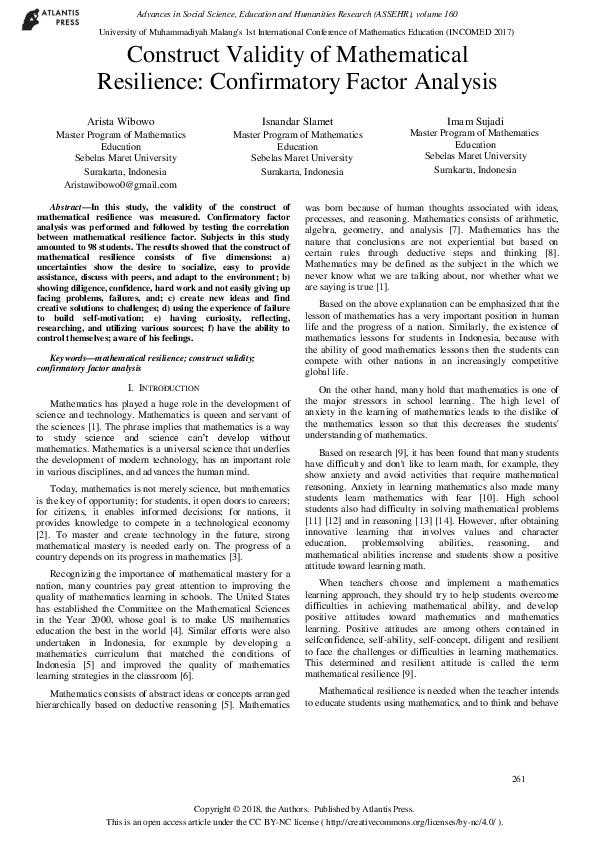 (PDF) Construct Validity of Mathematical Resilience: Confirmatory ... (PDF) Construct Validity of Mathematical Resilience: Confirmatory ...