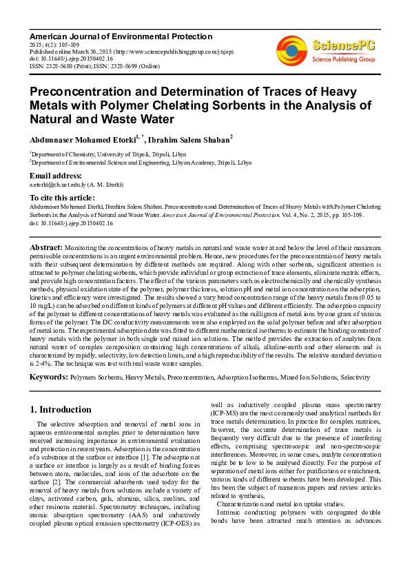 Pdf Preconcentration And Determination Of Traces Of Heavy Metals With Polymer Chelating