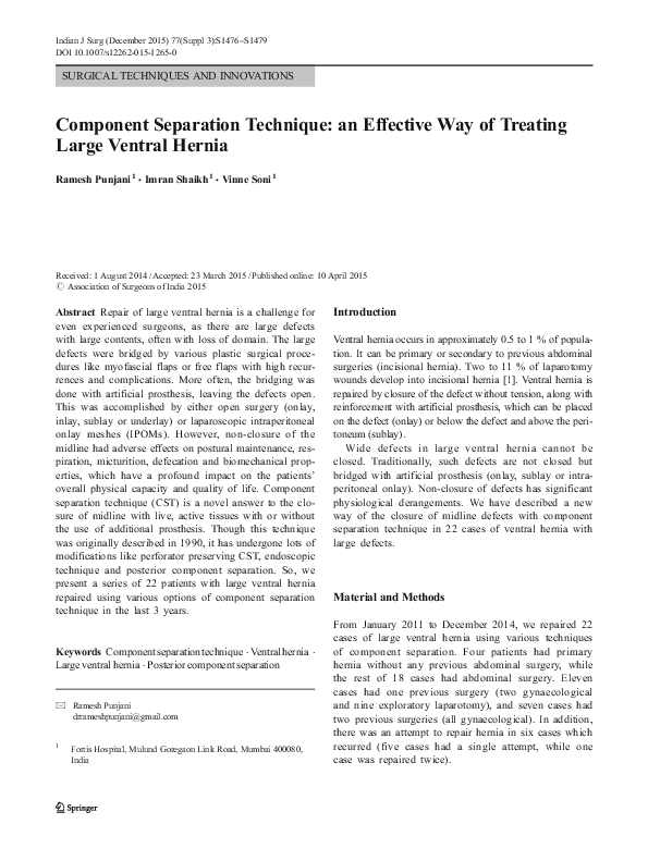 (PDF) Component Separation Technique: an Effective Way of Treating Large Ventral Hernia