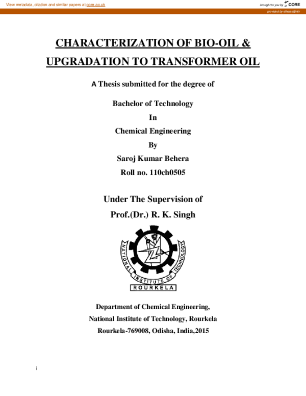 (PDF) Characterization of Bio-Oil and Upgradation to Transformer Oil