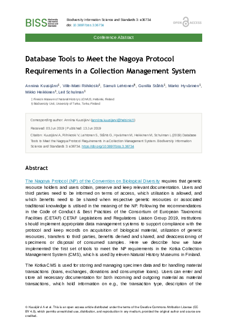 (PDF) Database Tools to Meet the Nagoya Protocol Requirements in a Collection Management System