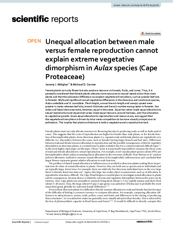 (PDF) Unequal allocation between male versus female reproduction cannot ...