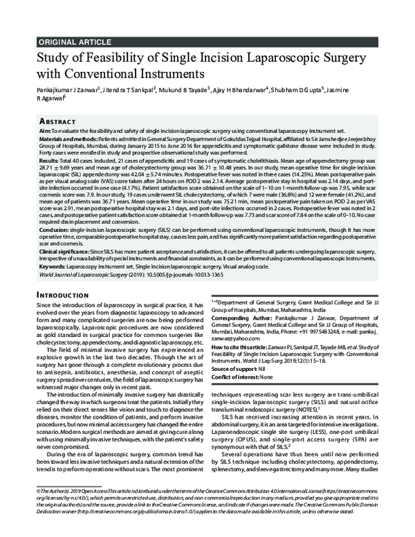(PDF) Study of Feasibility of Single Incision Laparoscopic Surgery with Conventional Instruments ...