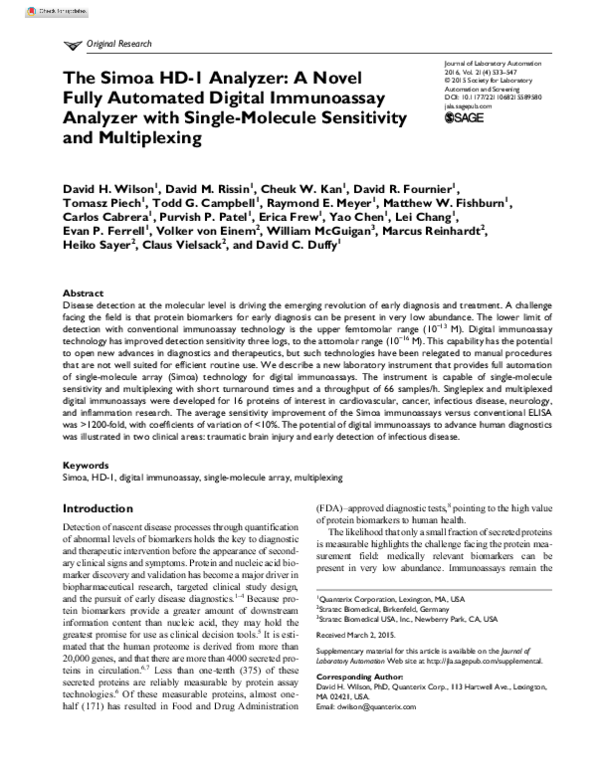(PDF) The Simoa HD-1 Analyzer: A Novel Fully Automated Digital Immunoassay Analyzer with Single ...