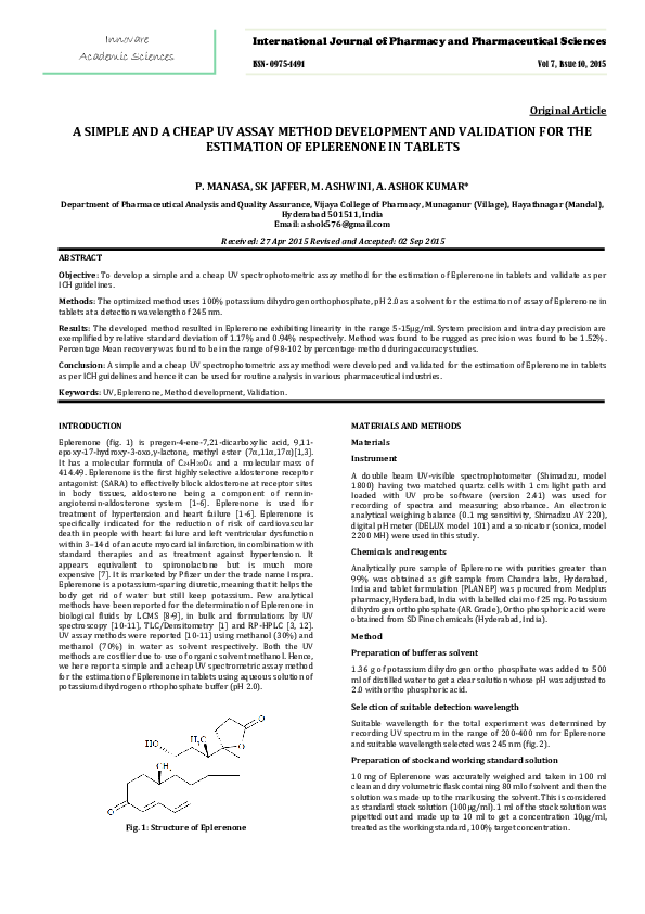 (PDF) A SIMPLE AND A CHEAP UV ASSAY METHOD DEVELOPMENT AND VALIDATION ...