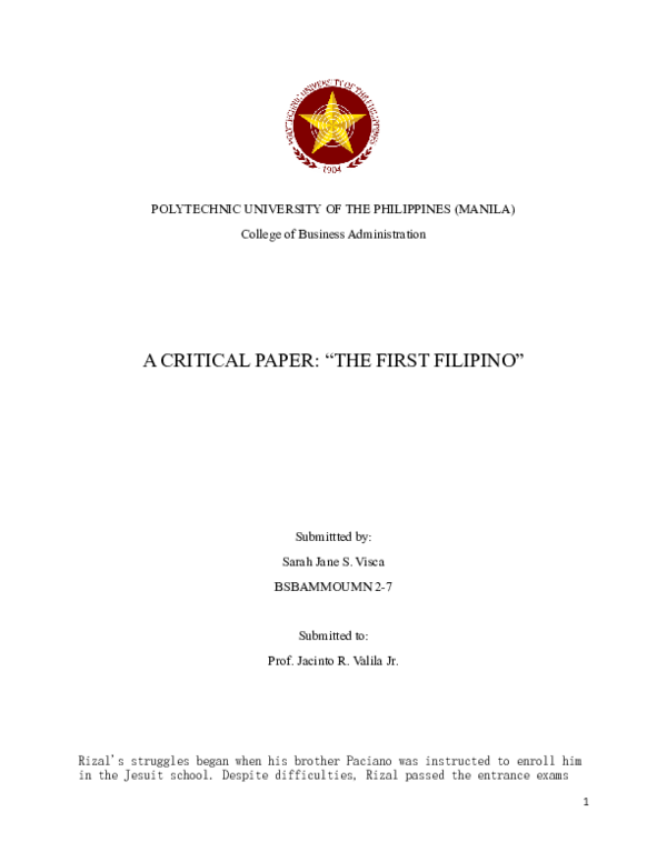 (DOC) THE FIRST FILIPINO CRITICAL PAPER