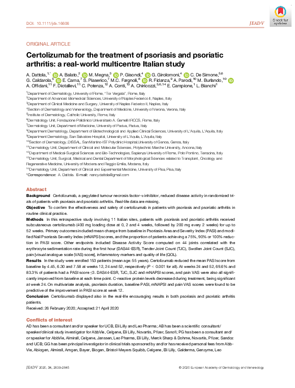 (PDF) Certolizumab for the treatment of psoriasis and psoriatic arthritis: a real‐world ...