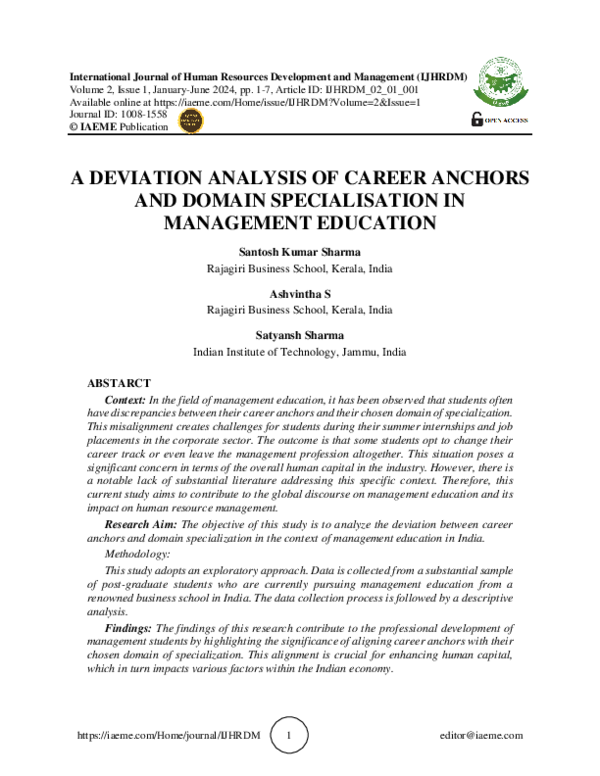(PDF) A DEVIATION ANALYSIS OF CAREER ANCHORS AND DOMAIN SPECIALISATION IN MANAGEMENT EDUCATION
