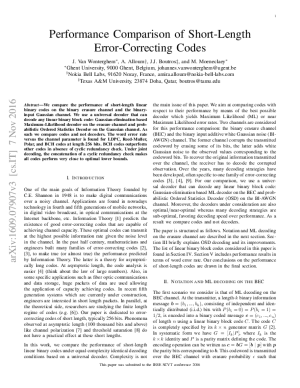 (PDF) Performance comparison of short-length error-correcting codes