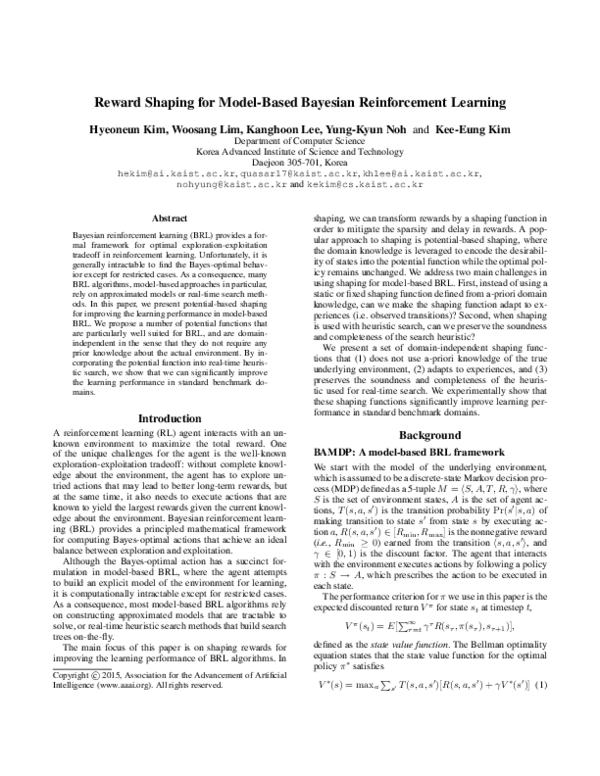 (PDF) Reward Shaping for Model-Based Bayesian Reinforcement Learning