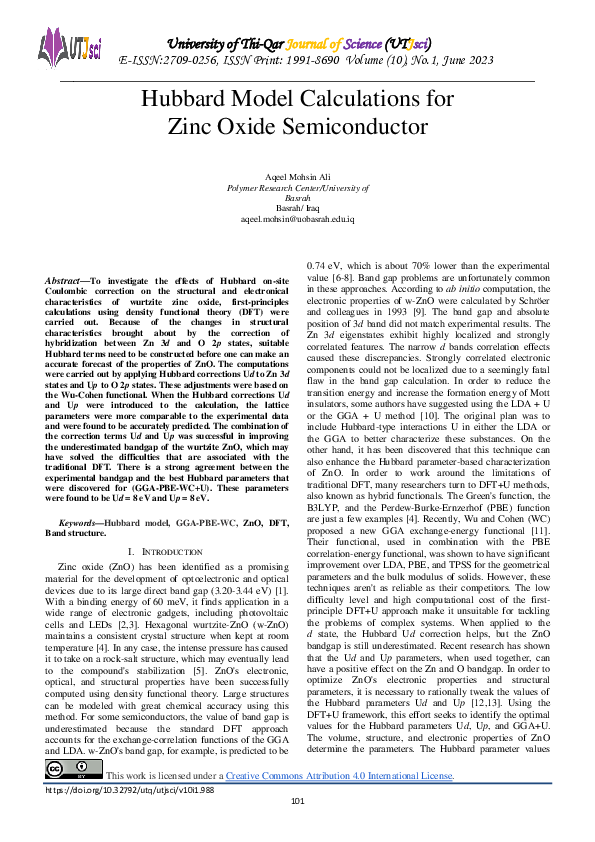 (PDF) Hubbard Model Calculations for Zinc Oxide Semiconductor
