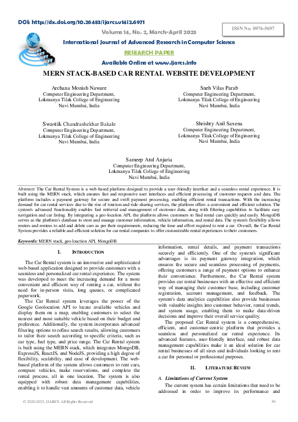 Pdf Mern Stack Based Car Rental Website Development