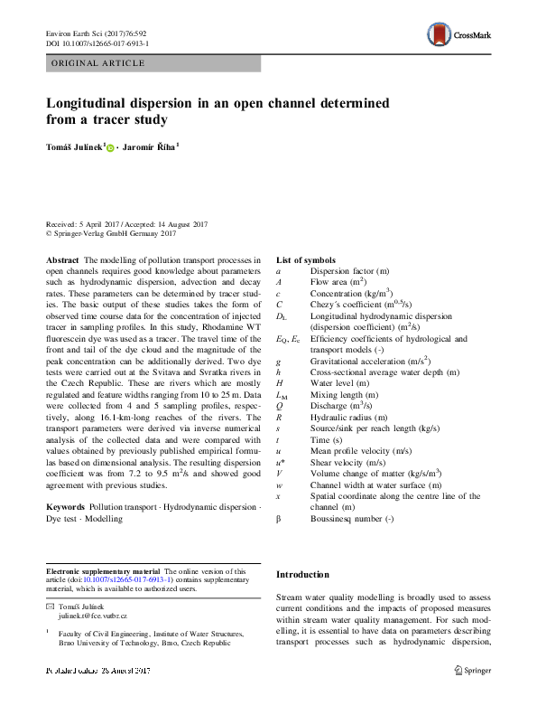 (PDF) Longitudinal dispersion in an open channel determined from a ...