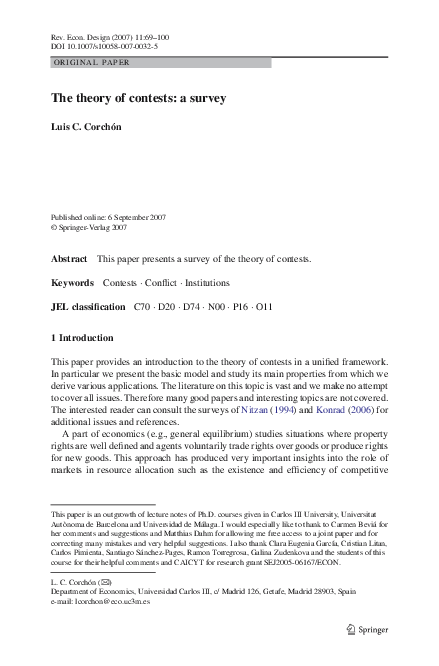 (PDF) ORIGINAL PAPER The theory of contests: a survey