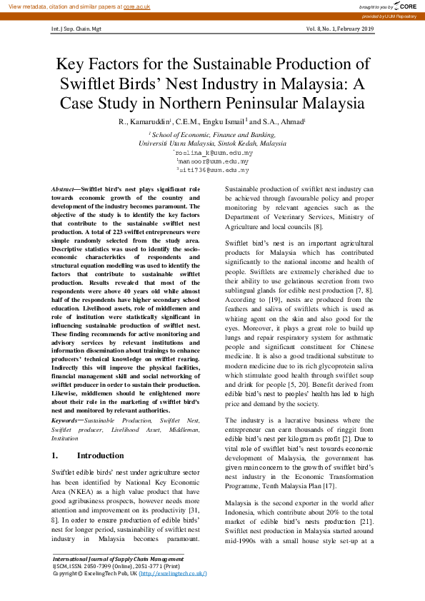 (PDF) Key Factors for the Sustainable Production of Swiftlet Birdsâ€™ Nest Industry in Malaysia ...
